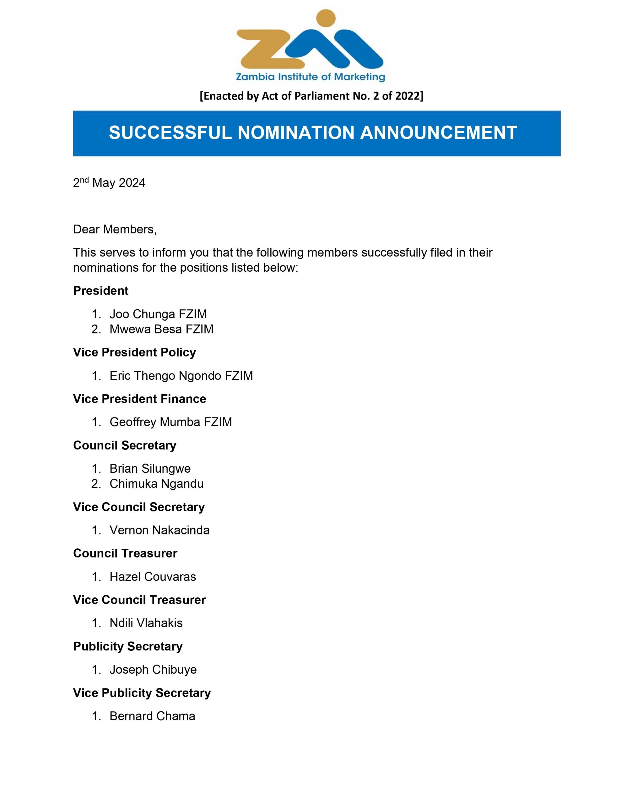 SUCCESSFUL NOMINATION ANNOUNCEMENT - Zambia Institute of Marketing